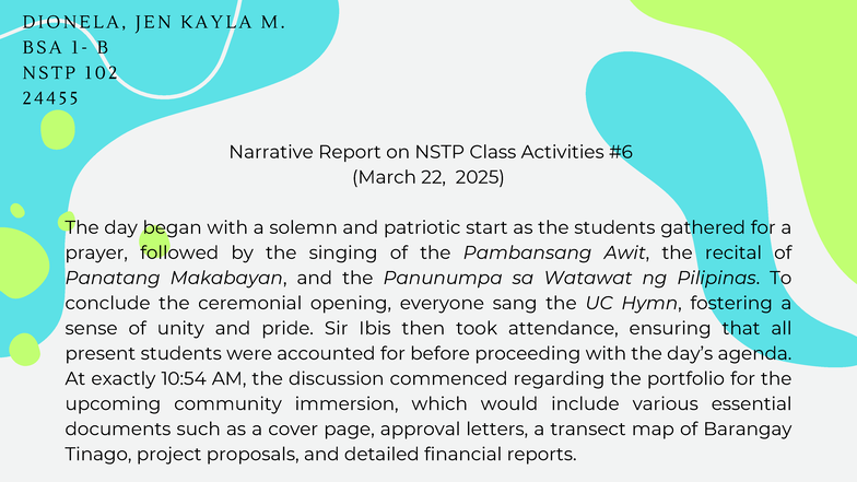 BSA B NSTP 102 24455 Narrative Report on Class Activities - Studocu
