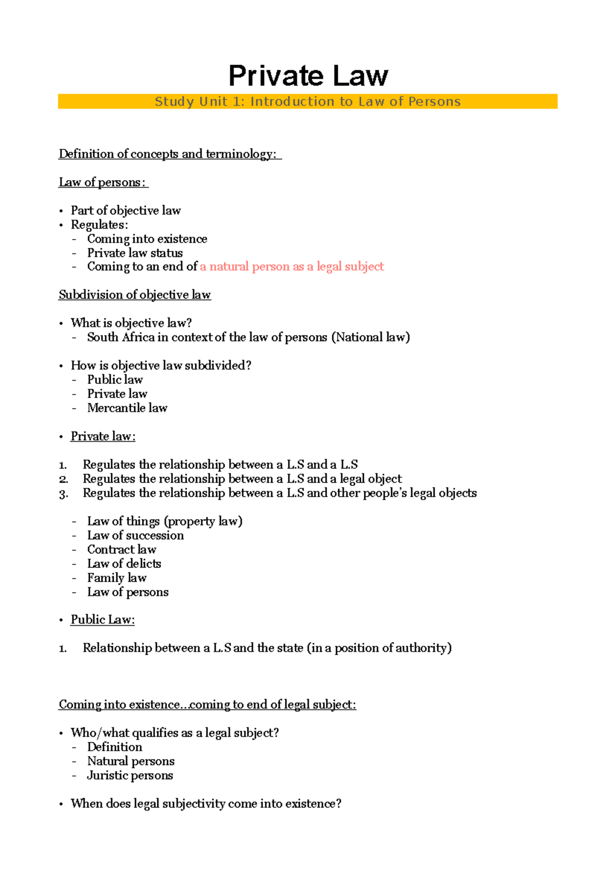 Private Law: Persons & Family (Study Unit 1 Overview) - Studocu