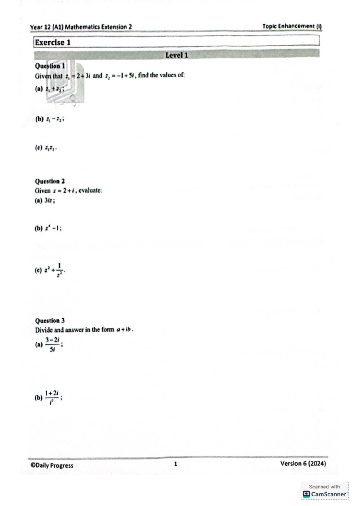 Year 12 (A1) Mathematics Extension 2 Topic Enhancement Exercises and ...