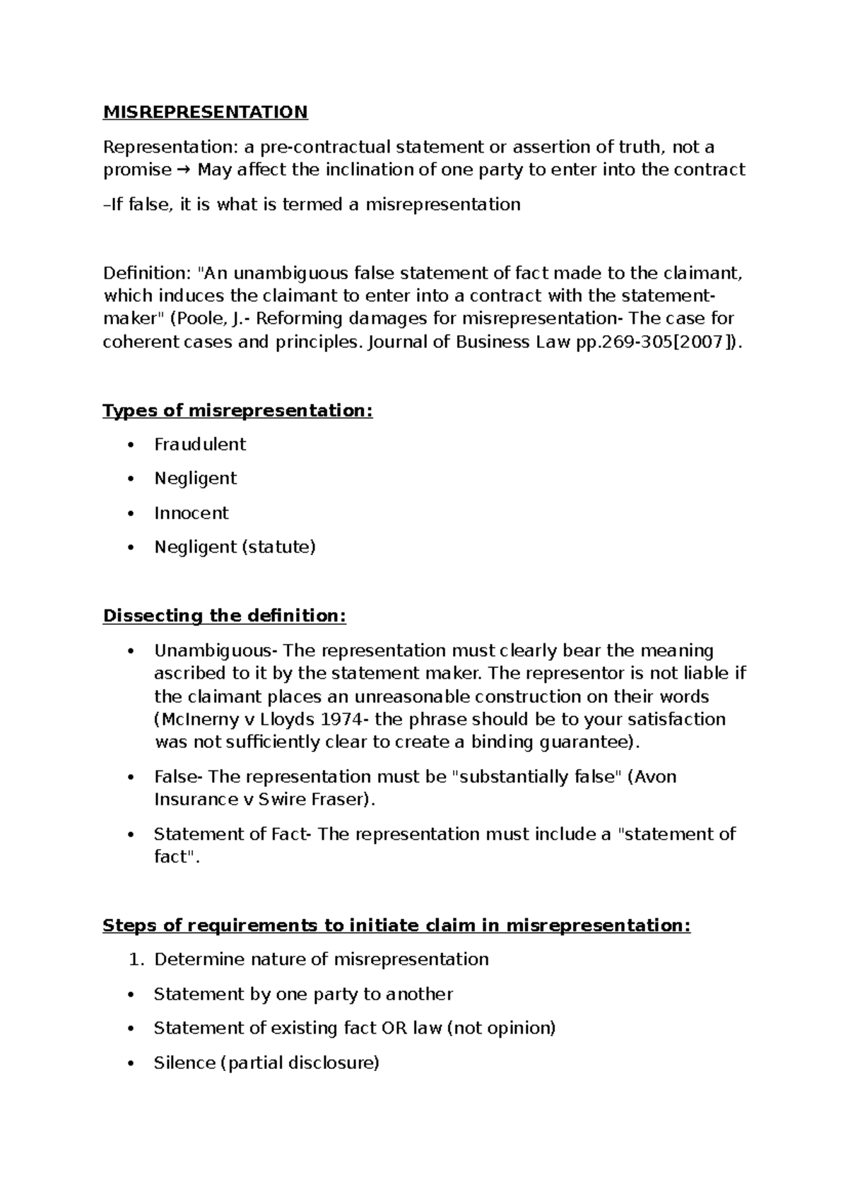 MIS 101: Comprehensive Notes on Misrepresentation Types and Cases - Studocu