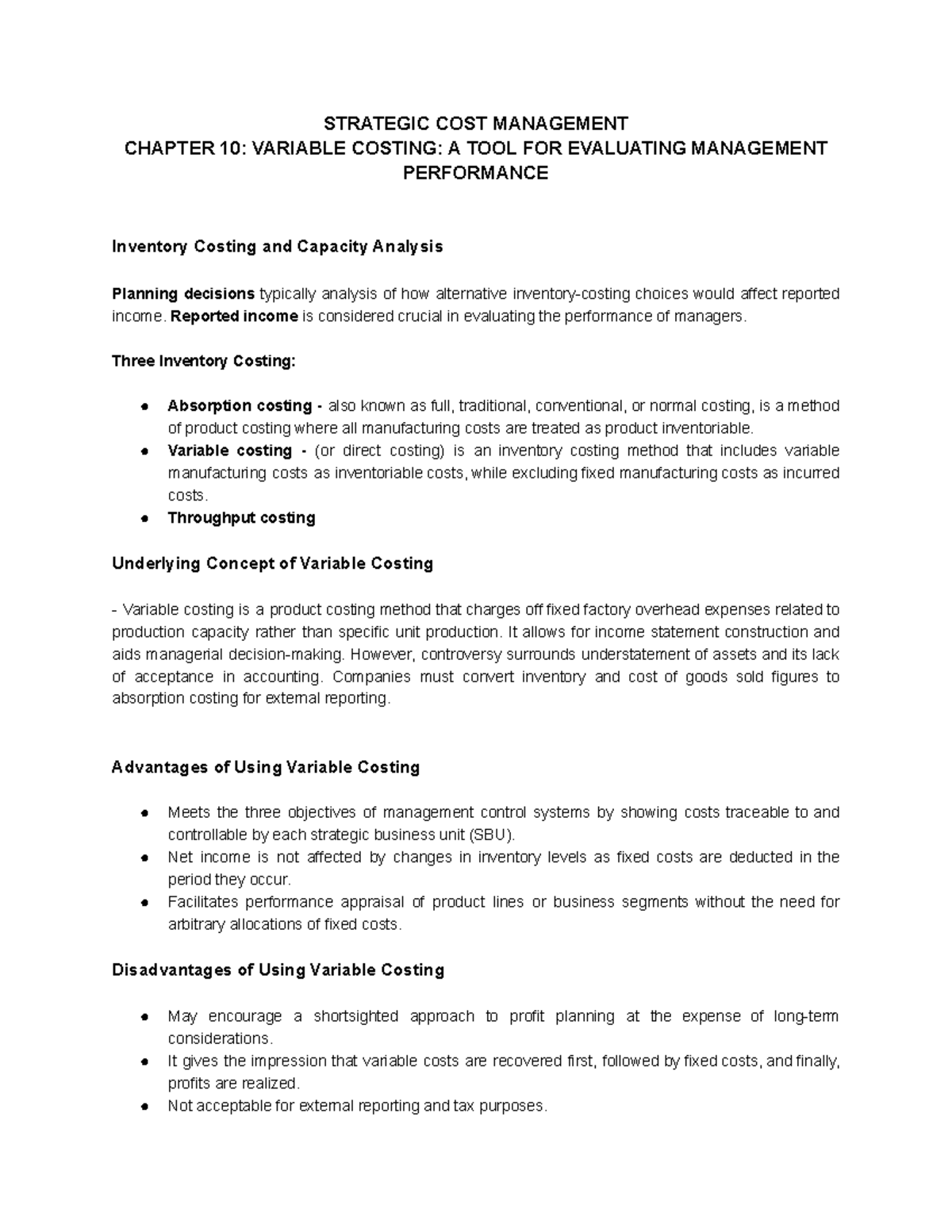 Chapter-10 - Summary - NONE - STRATEGIC COST MANAGEMENT CHAPTER 10: VARIABLE COSTING: A TOOL FOR ...