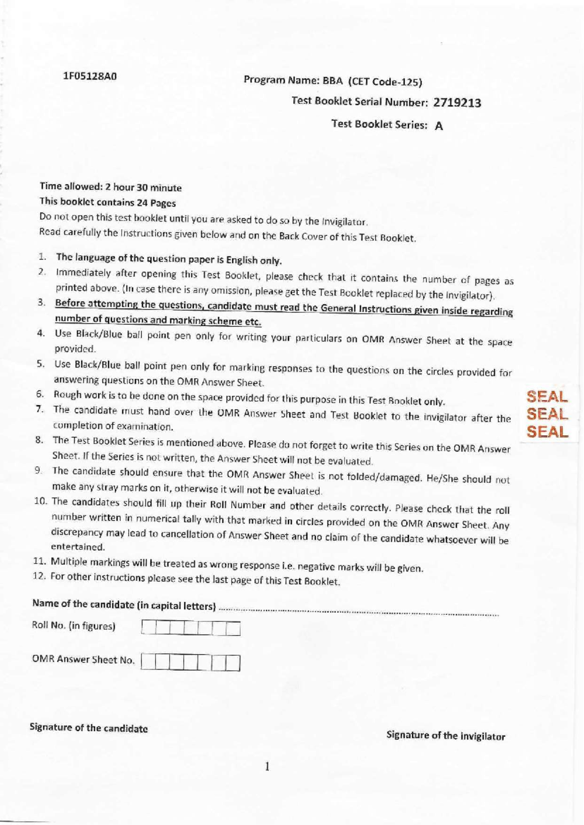 IPU CET BBA Paper 2023 - 1F05128A0 Program Name: BBA (CET Test Booklet ...