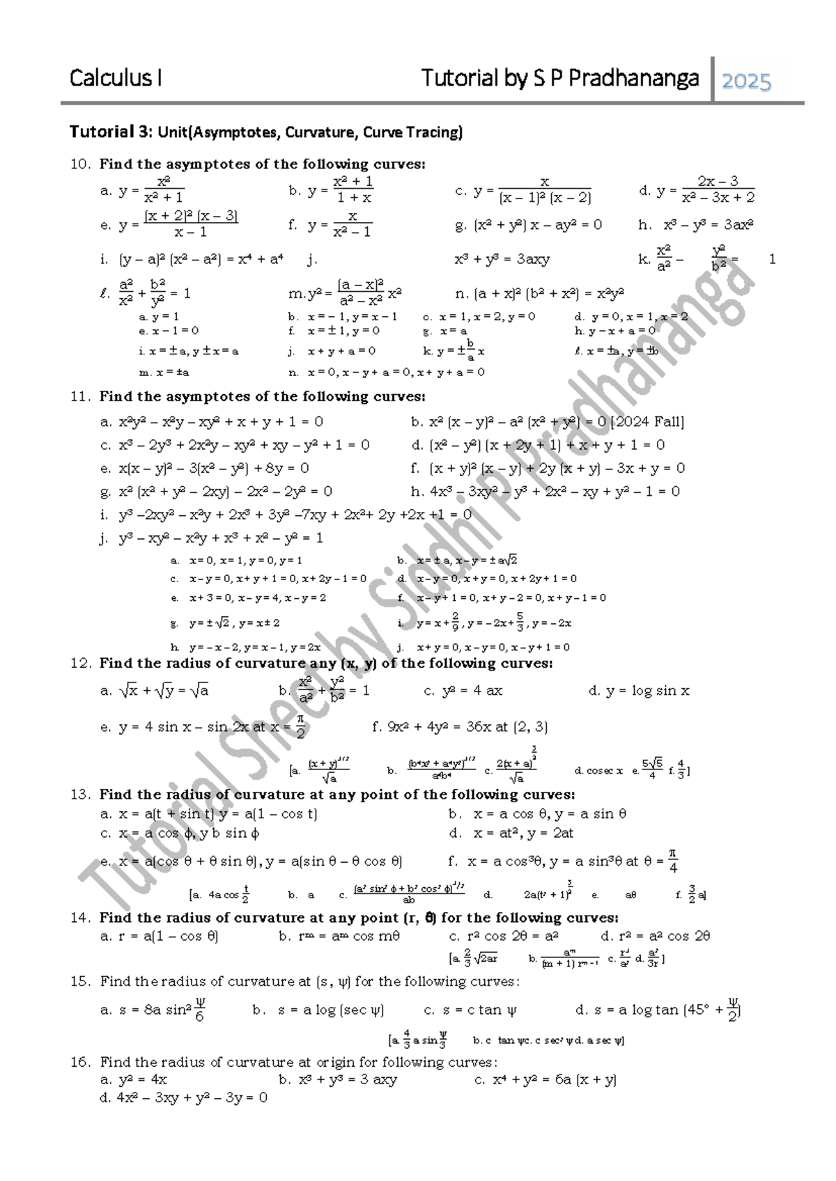 Calculus I (Tutorial 3: Asymptotes, Curvature & Curve Tracing) - Studocu