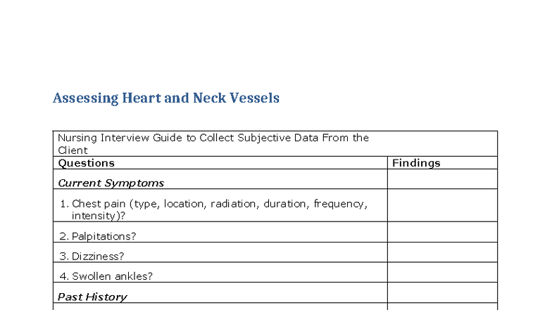 Weber Cardiovascular History Guide for Module 4: Nursing Interview Tips ...