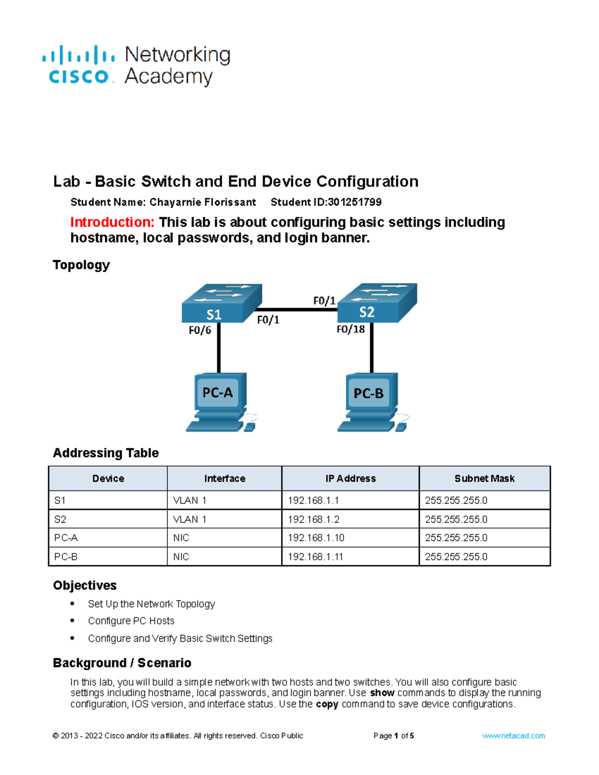 2.9.2 Lab - Basic Switch and End Device Configuration - Student Name ...