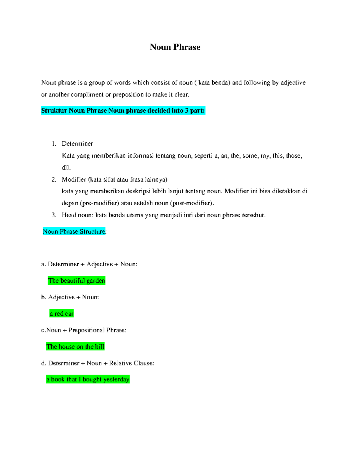 NOUN Phrase Structure and Examples for English Grammar - Studocu