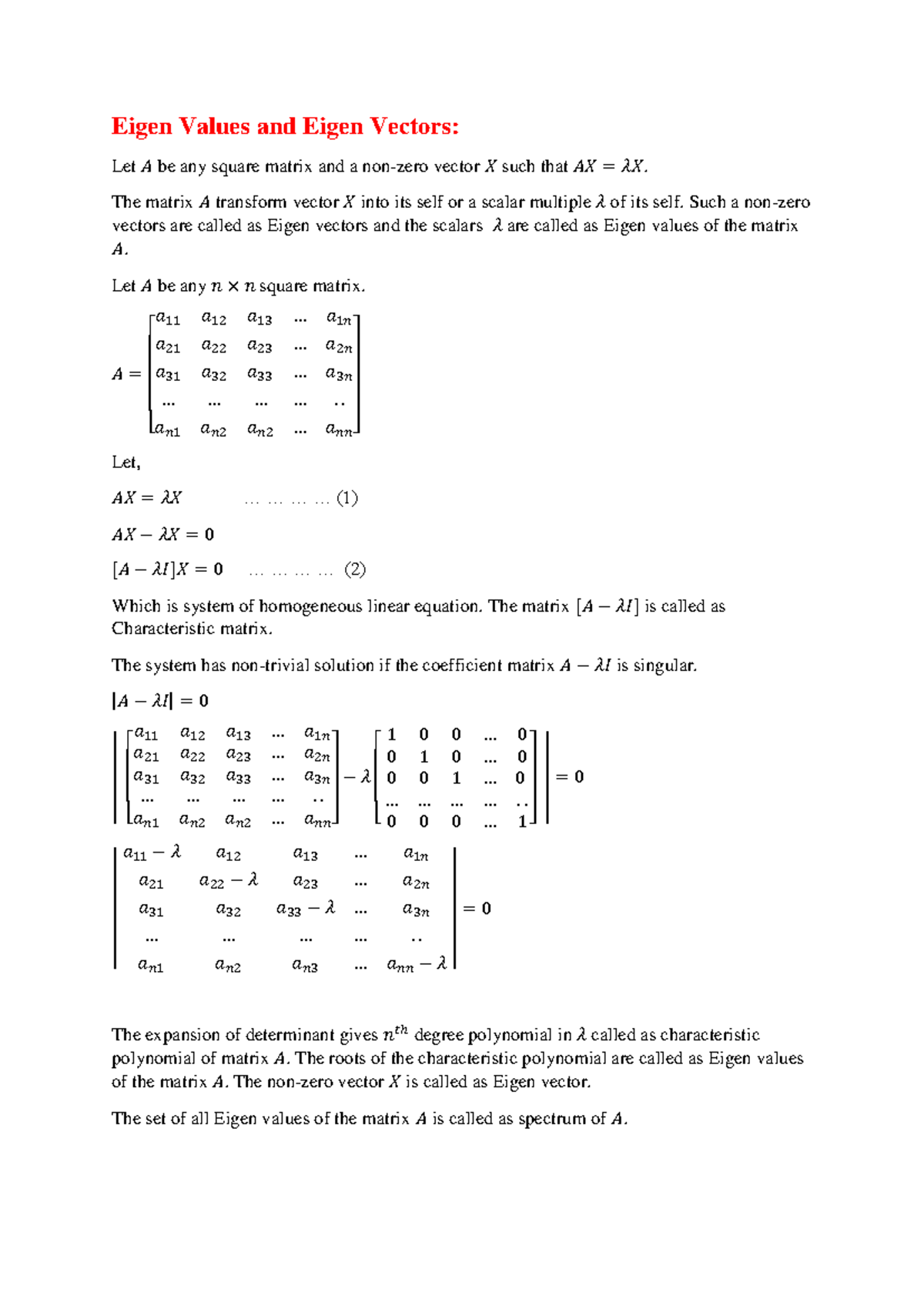 Eigen Values and Eigen Vectors: A Comprehensive Study Guide - Studocu