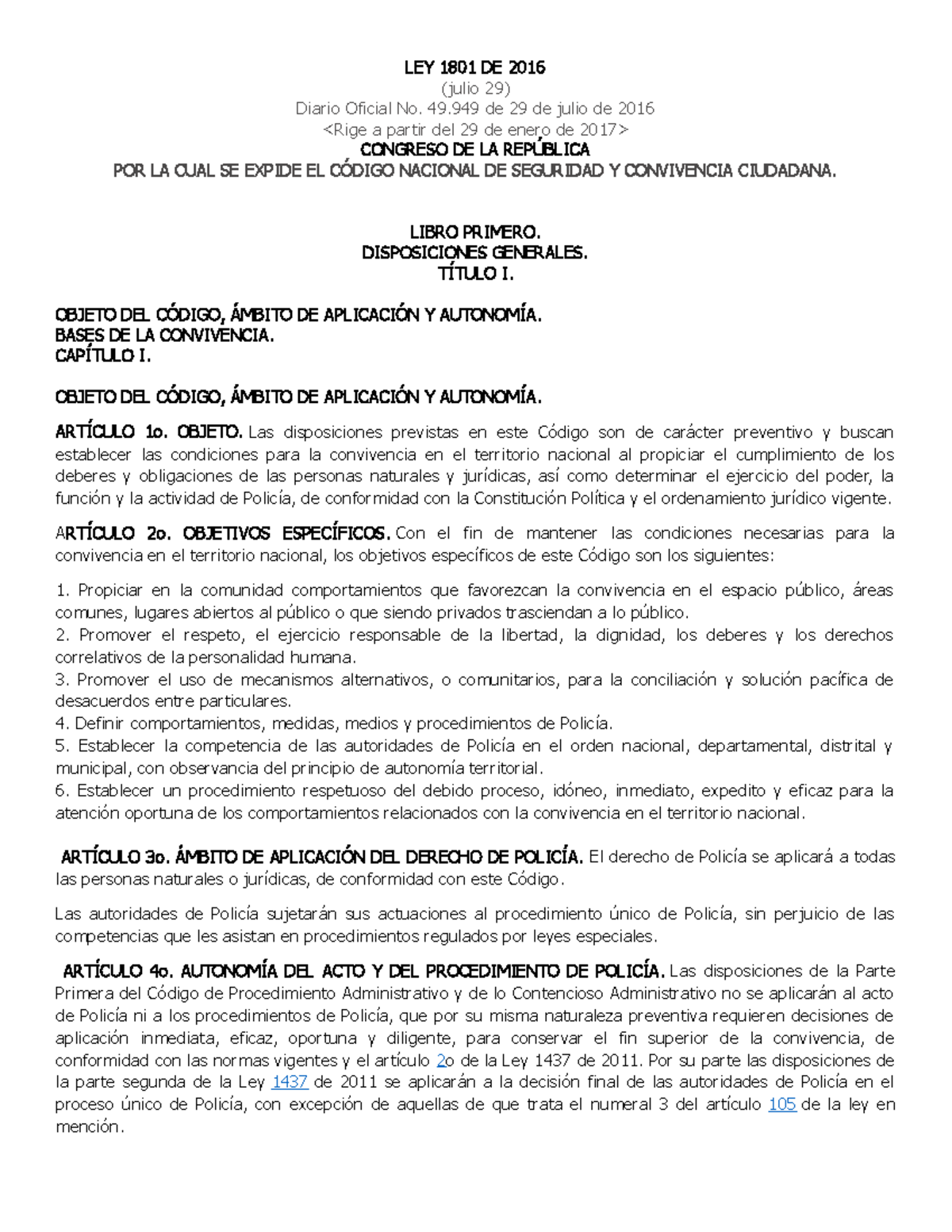 Ley 1801 De 2016 El Código Nacional De Seguridad Y Convivencia