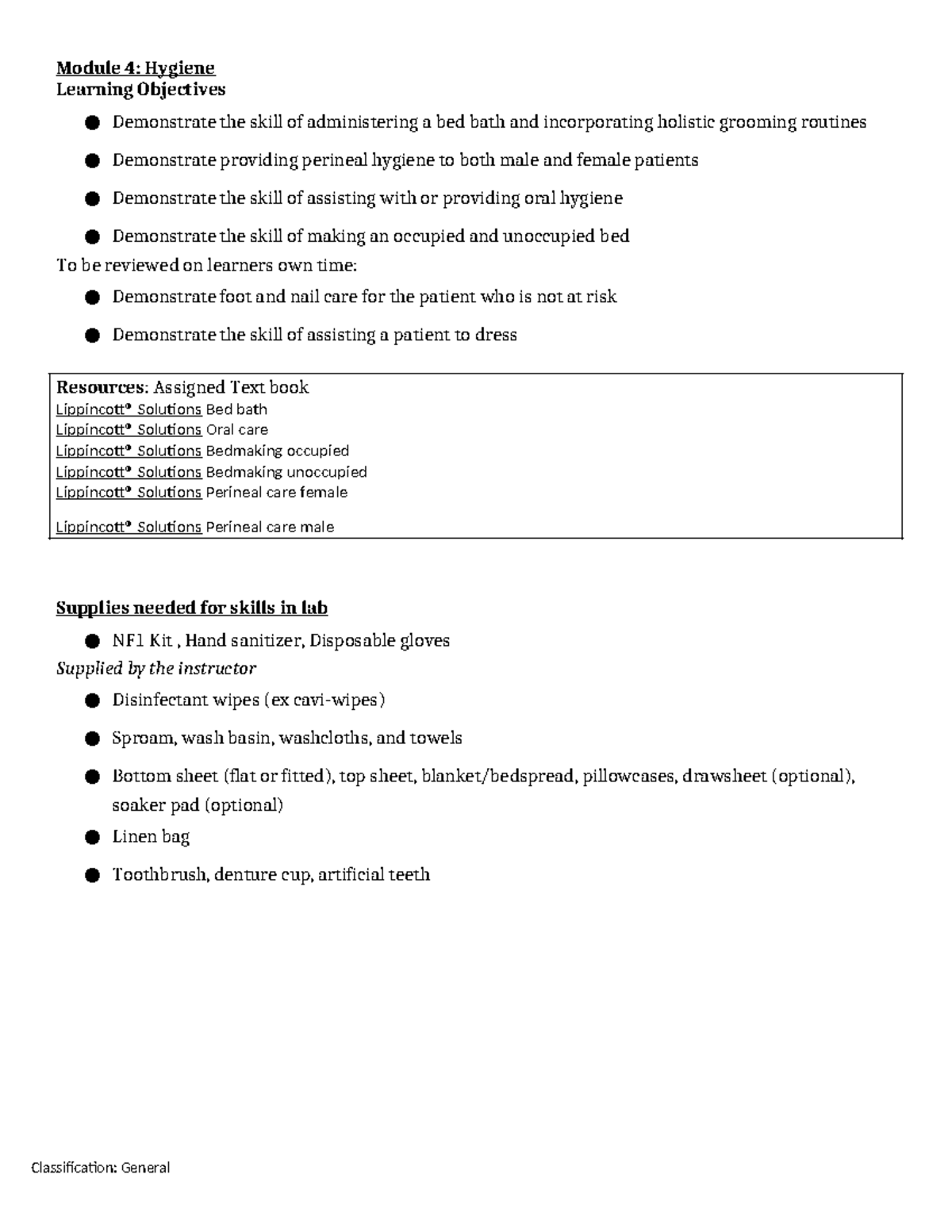 Module 4: Lab Prep Sheet for Hygiene Skills and Procedures - Studocu