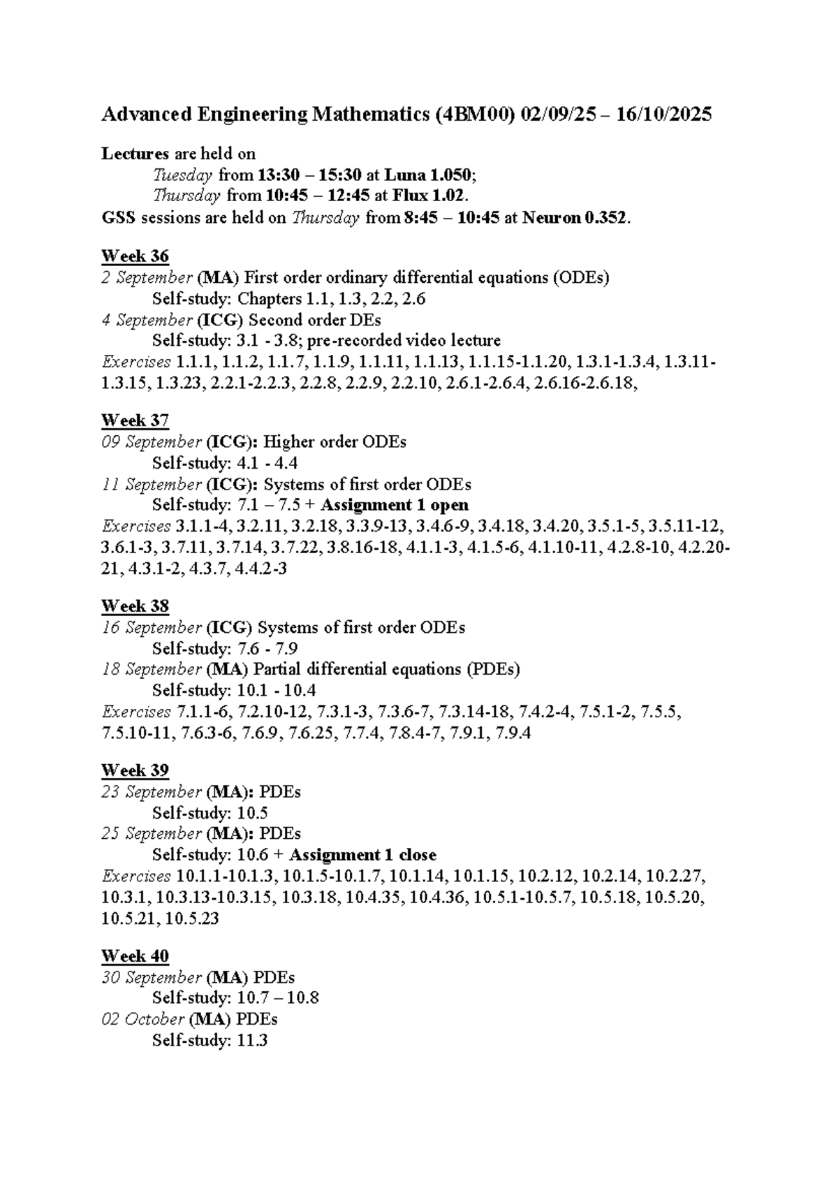 AEM 4BM00 Lecture Schedule: Differential Equations & PDEs - Studeersnel