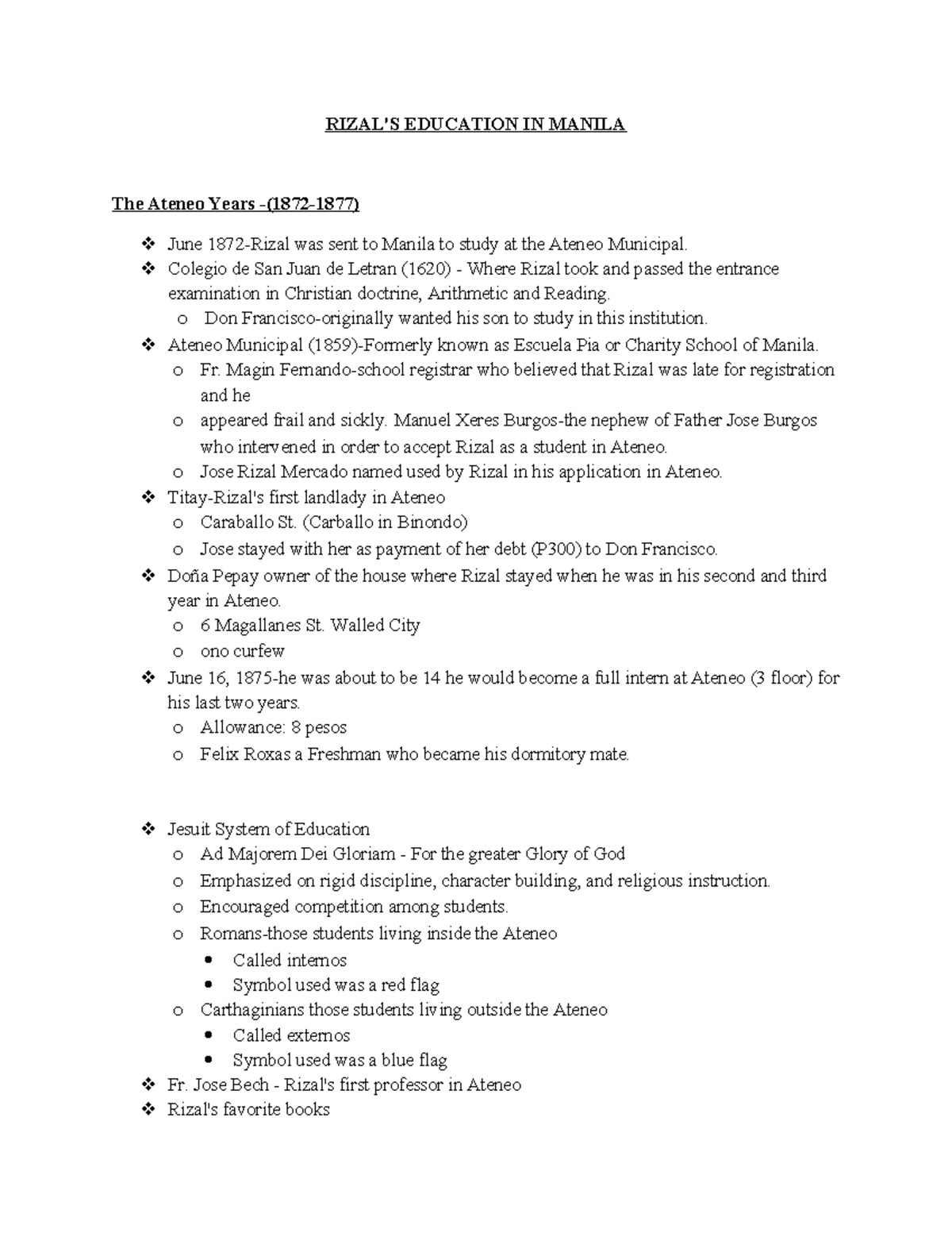 Rizal's Education Journey: Ateneo & UST Years (1872-1882) - Studocu