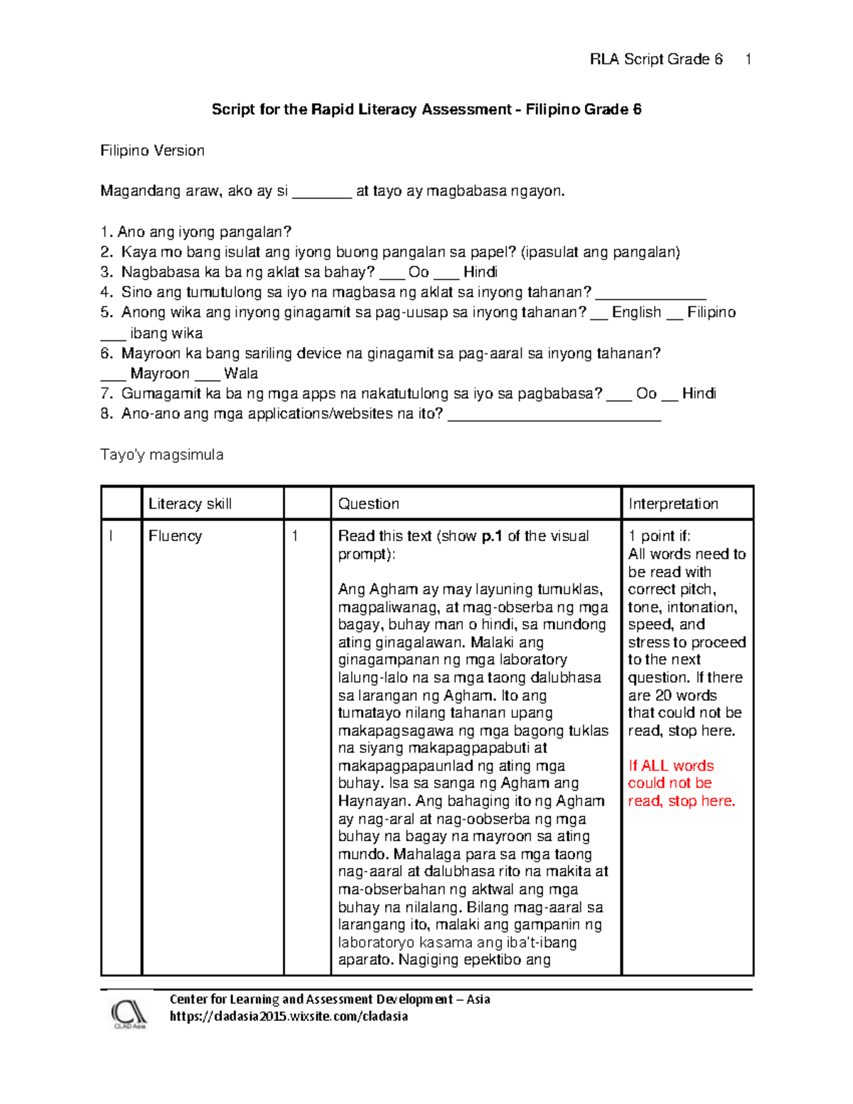 RLA Script for Grade 6 Filipino Literacy Assessment - Studocu