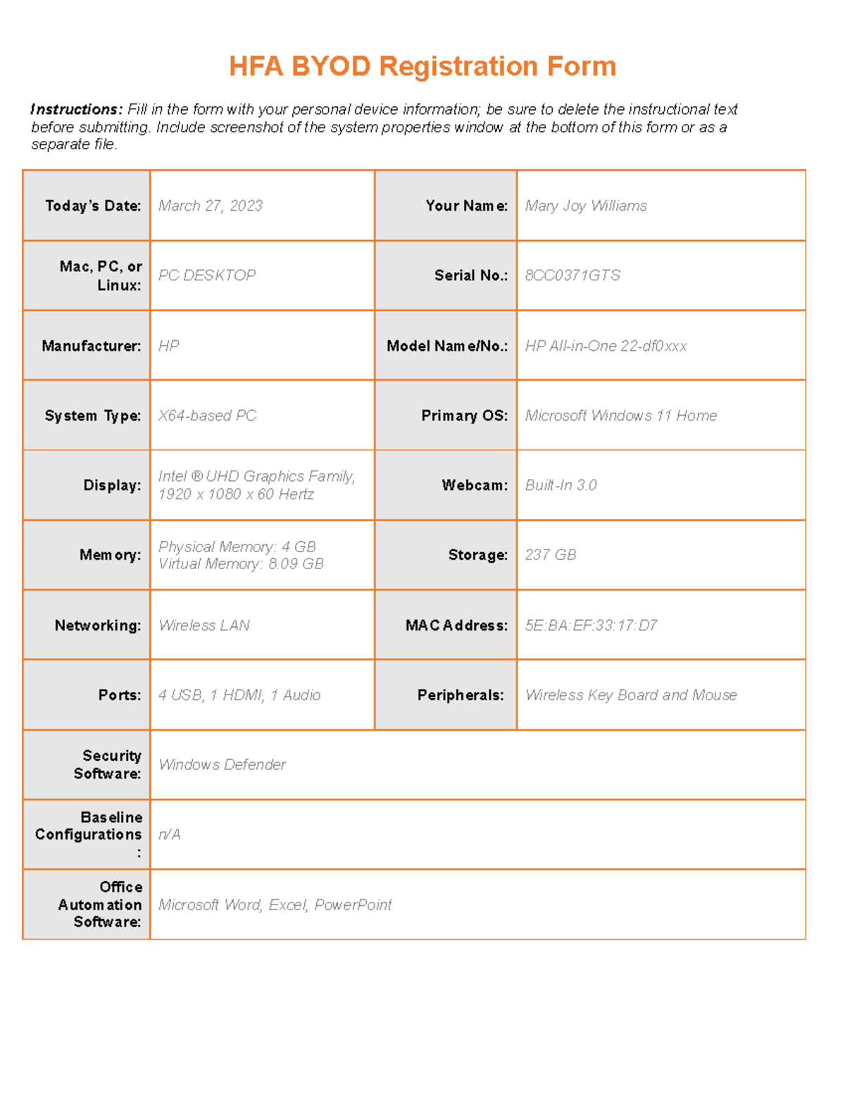 HFA BYOD Registration Form - Personal Device Info Submission - Studocu