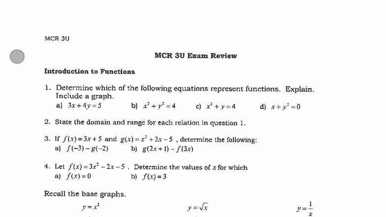 MCR 3U Exam Review: Functions, Quadratics, and Sequences - Studocu