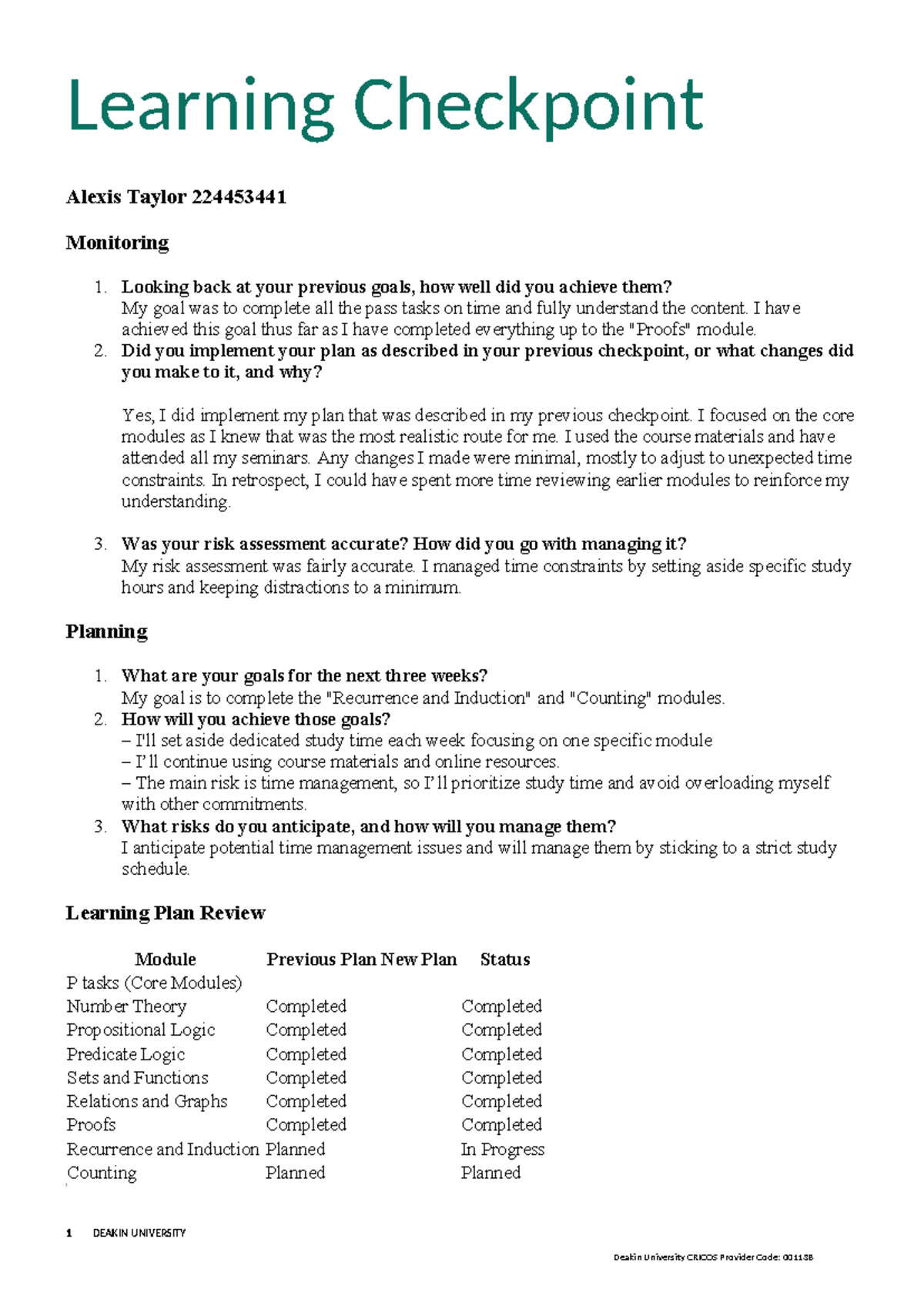Learning Checkpoint: Progress Review & Future Goals for 224453441 - Studocu