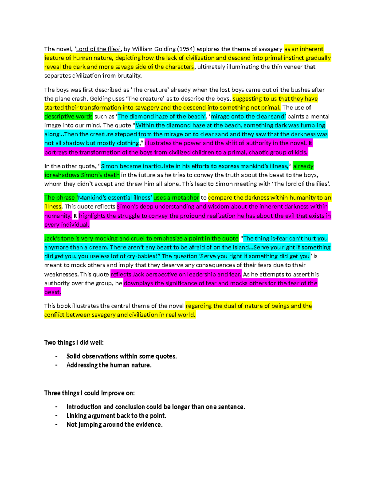 Assessment Task - Essay on Golding's "Lord of the Flies" Theme of ...