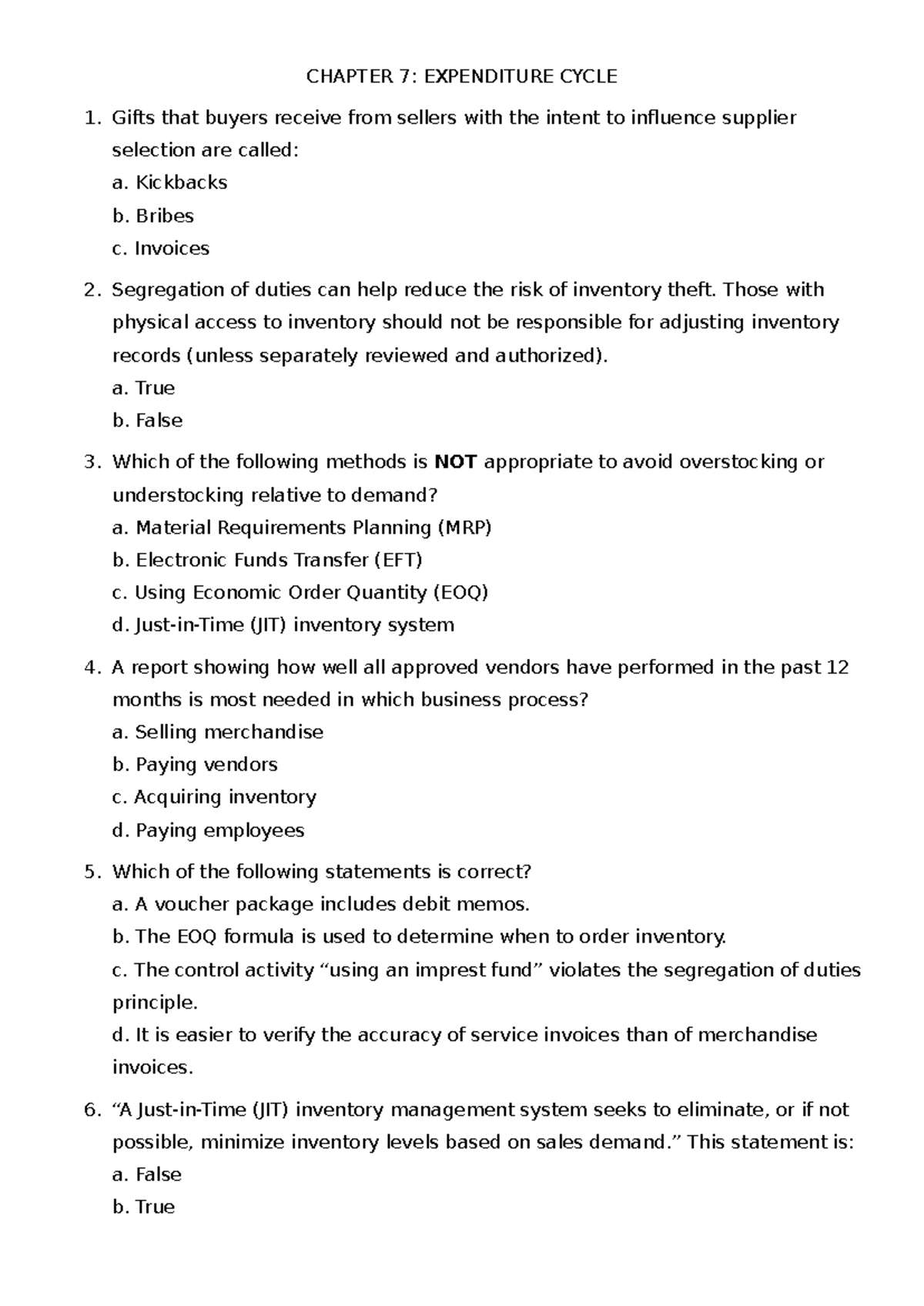 CHAPTER 7: EXPENDITURE CYCLE - KEY CONCEPTS AND QUESTIONS - Studocu