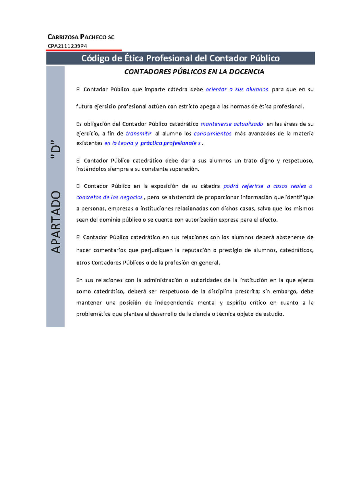 Código de Ética Profesional del Contador Público - Docente - Studocu