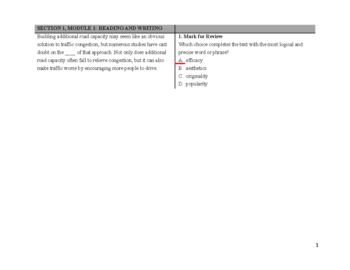 SECTION 1, MODULE 1: READING AND WRITING Practice Questions and Answers ...