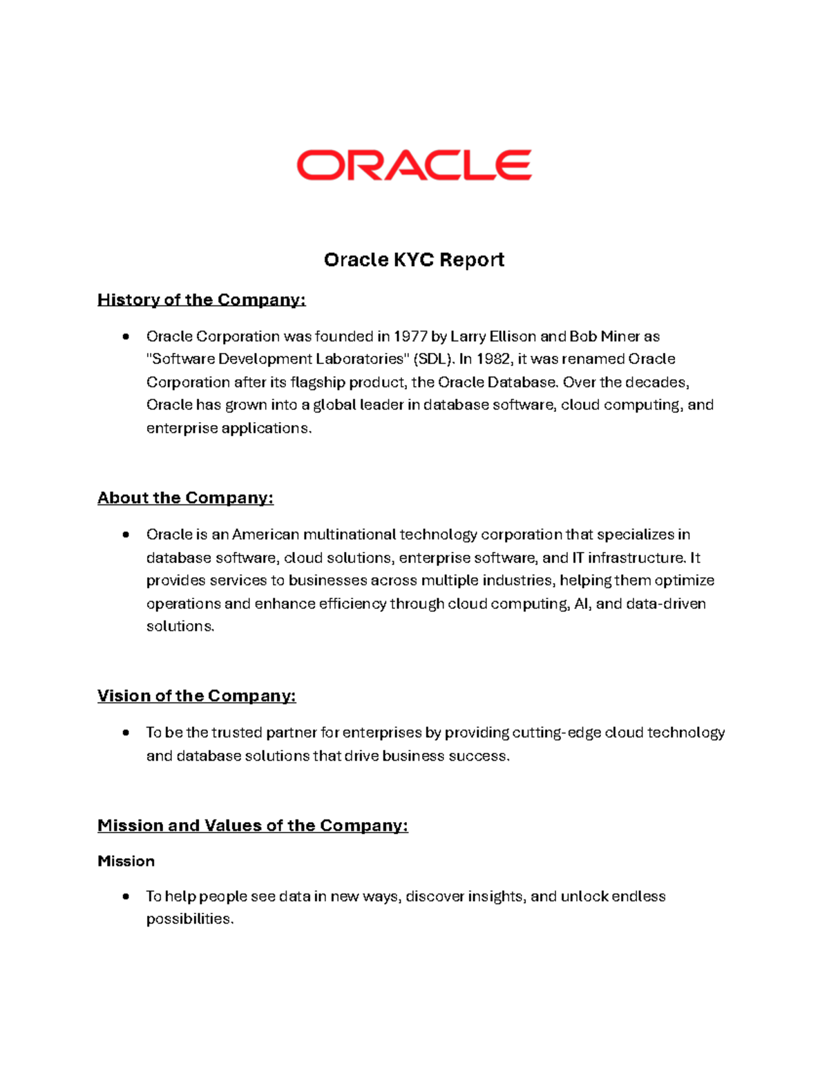 Oracle KYC Report - Oracle KYC Report History of the Company: Oracle ...