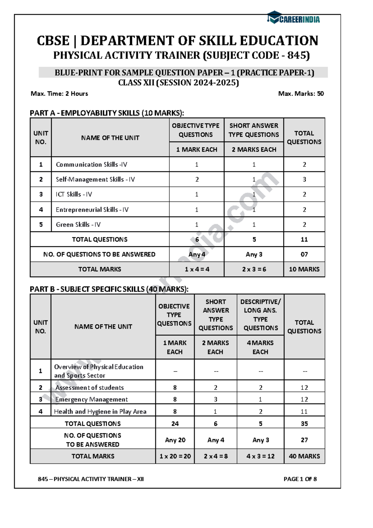 CBSE Class 12 Physical Activity Trainer Sample Question Paper 845 - Studocu