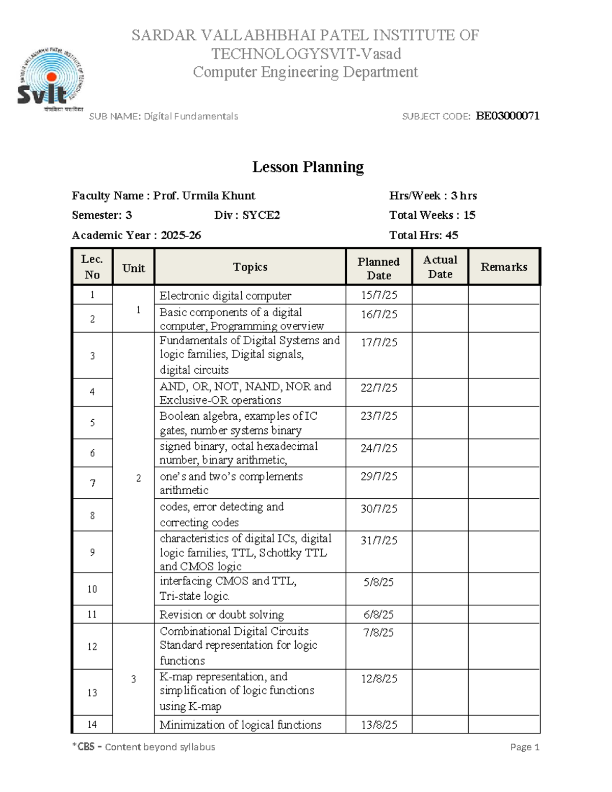 Digital Fundamentals Lesson Planning - SUB CODE: DF - Sem 3 - Studocu