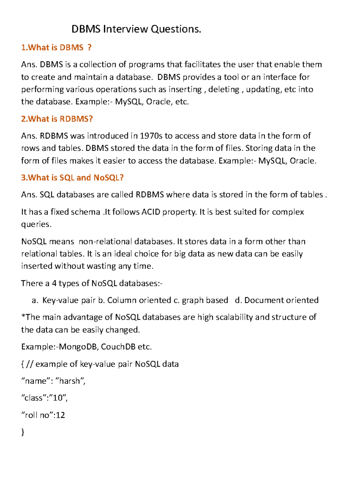 DBMS Interview Questions and Answers for Technical Interviews - Studocu