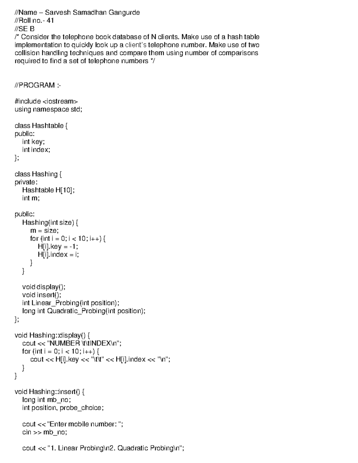 Hashtable Implementation for Telephone Book Lookup (CS101) - Studocu