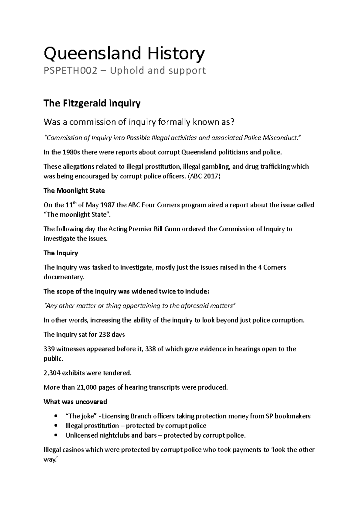 PSPETH002 - Final Exam Notes on the Fitzgerald Inquiry in Queensland ...