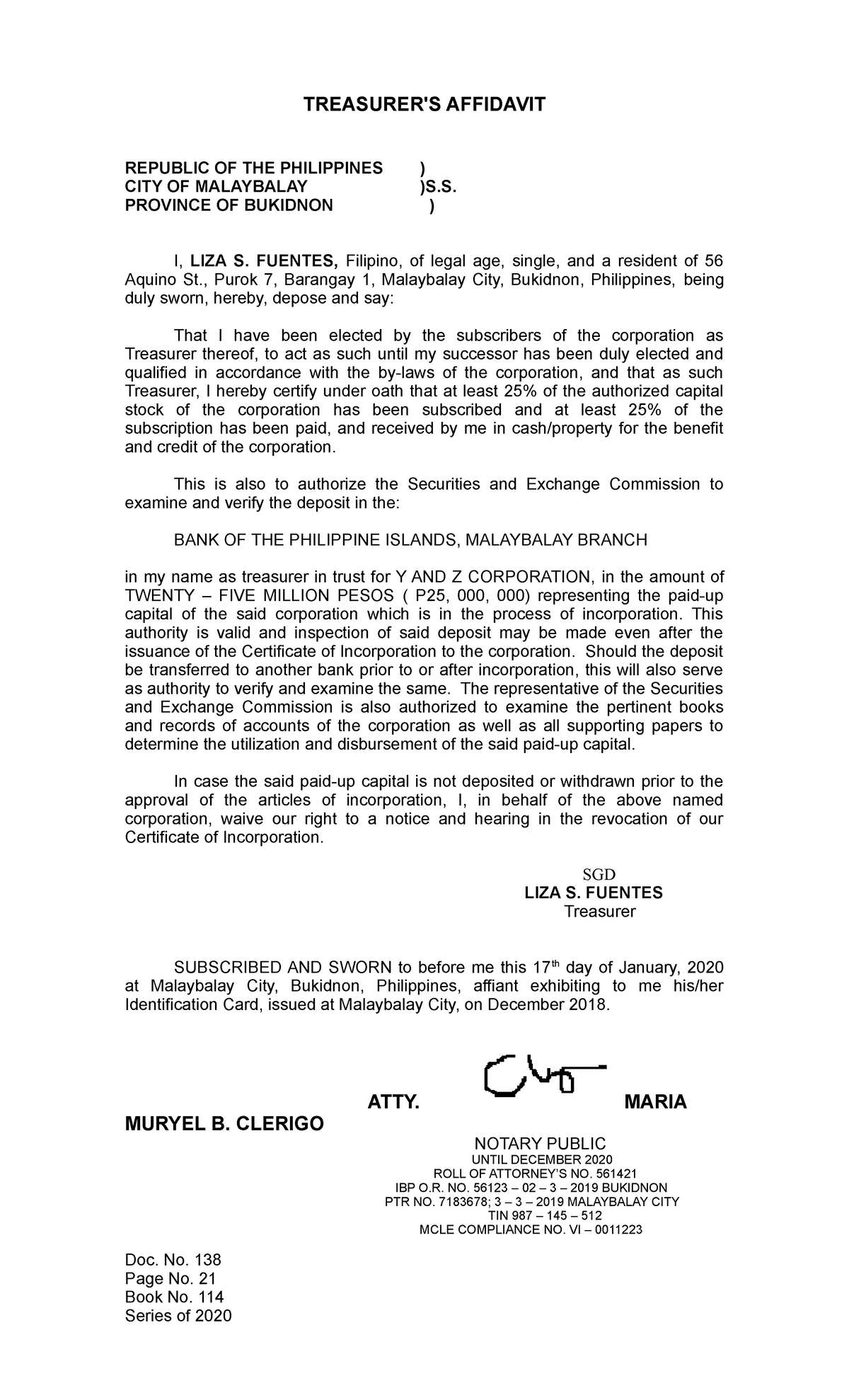 Treasurer's Affidavit Sample Document Template - Bukidnon, Philippines ...