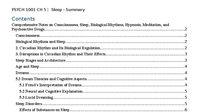 PSYCH 1001 CH 5 Sleep Summary: Consciousness, Biological Rhythms, and ...