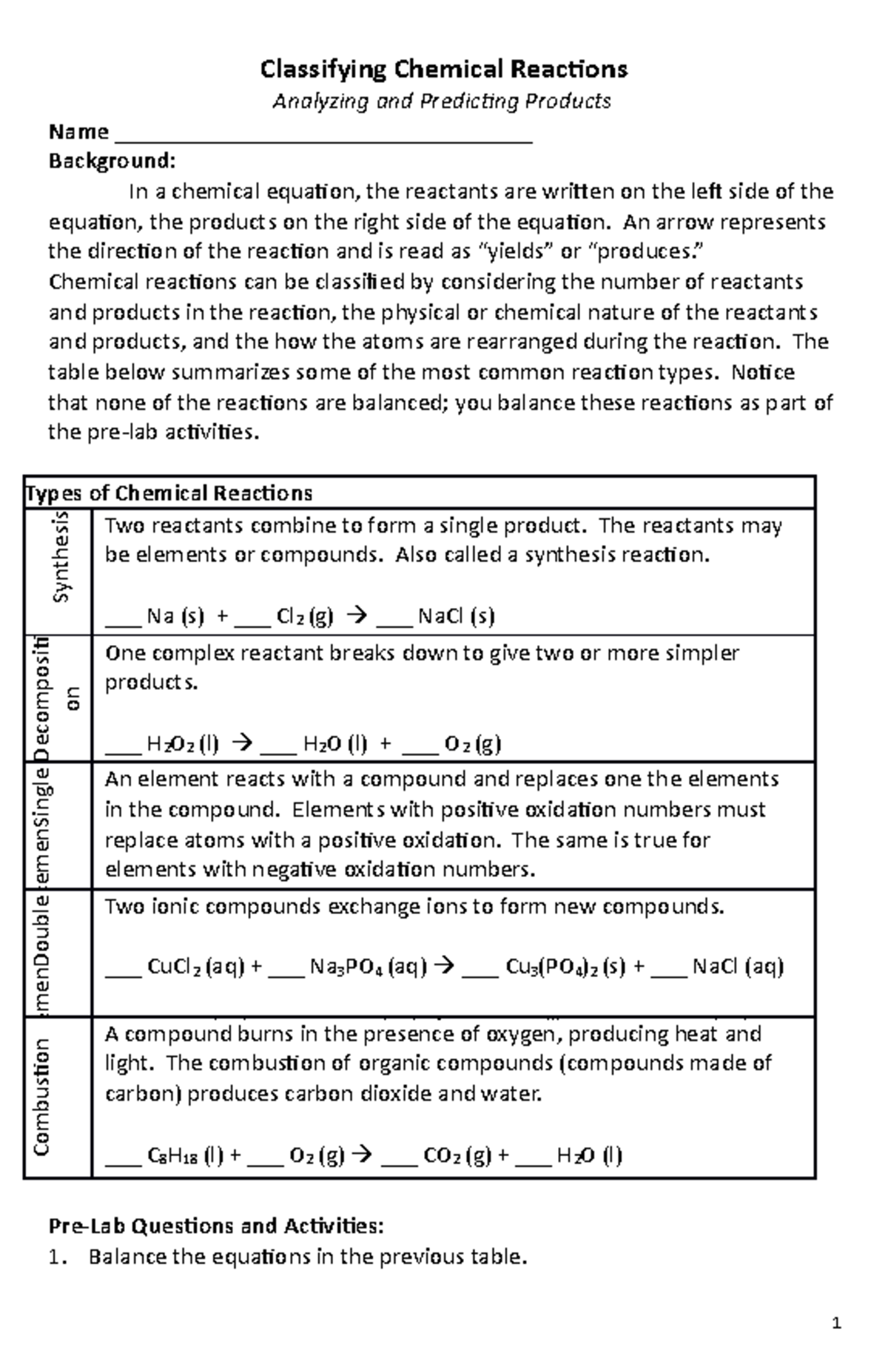 Classifying Chemical Reactions Lab (CHEM 101) - Pre-Lab Guide - Studocu