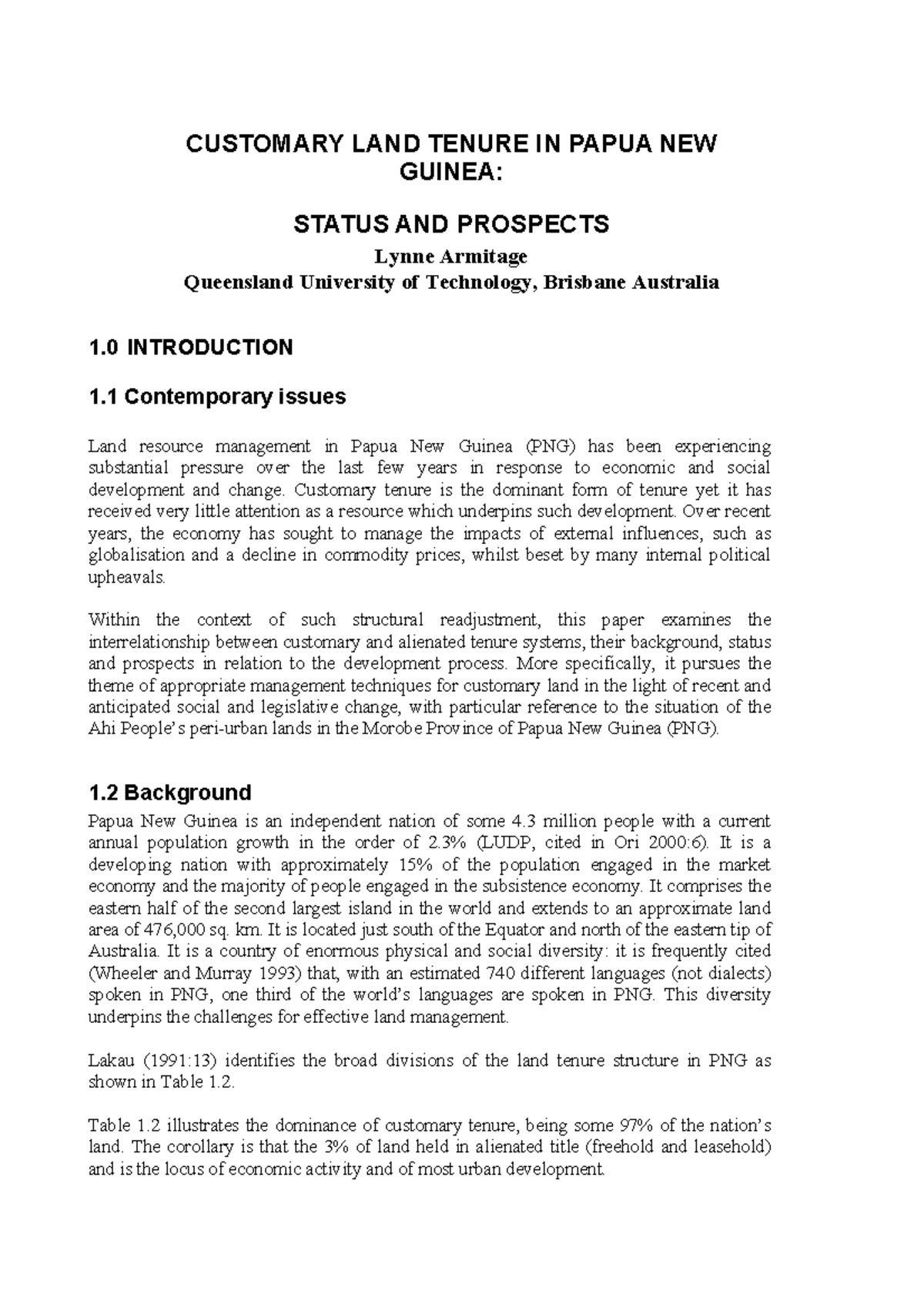 Customary Land Tenure Status and Prospects in PNG: An Analysis - Studocu