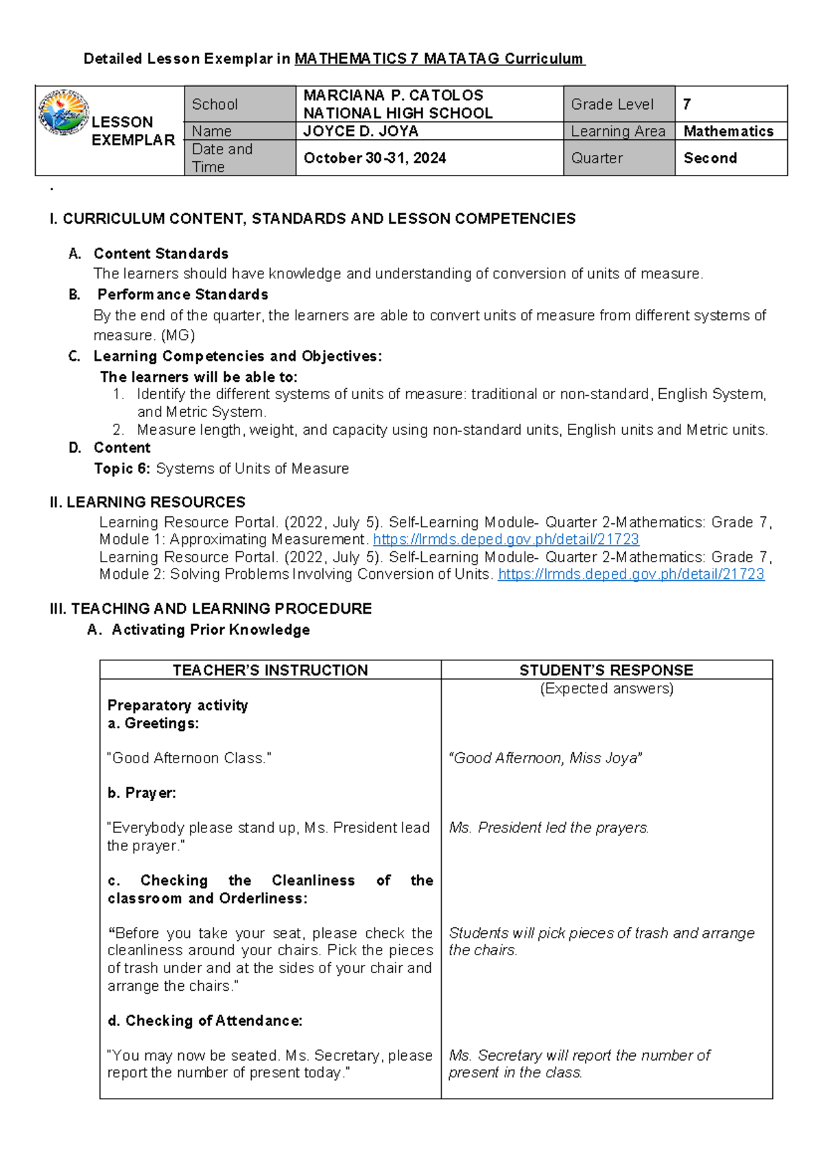 MAT7 Q2 Detailed Lesson on Systems of Units of Measure - Studocu