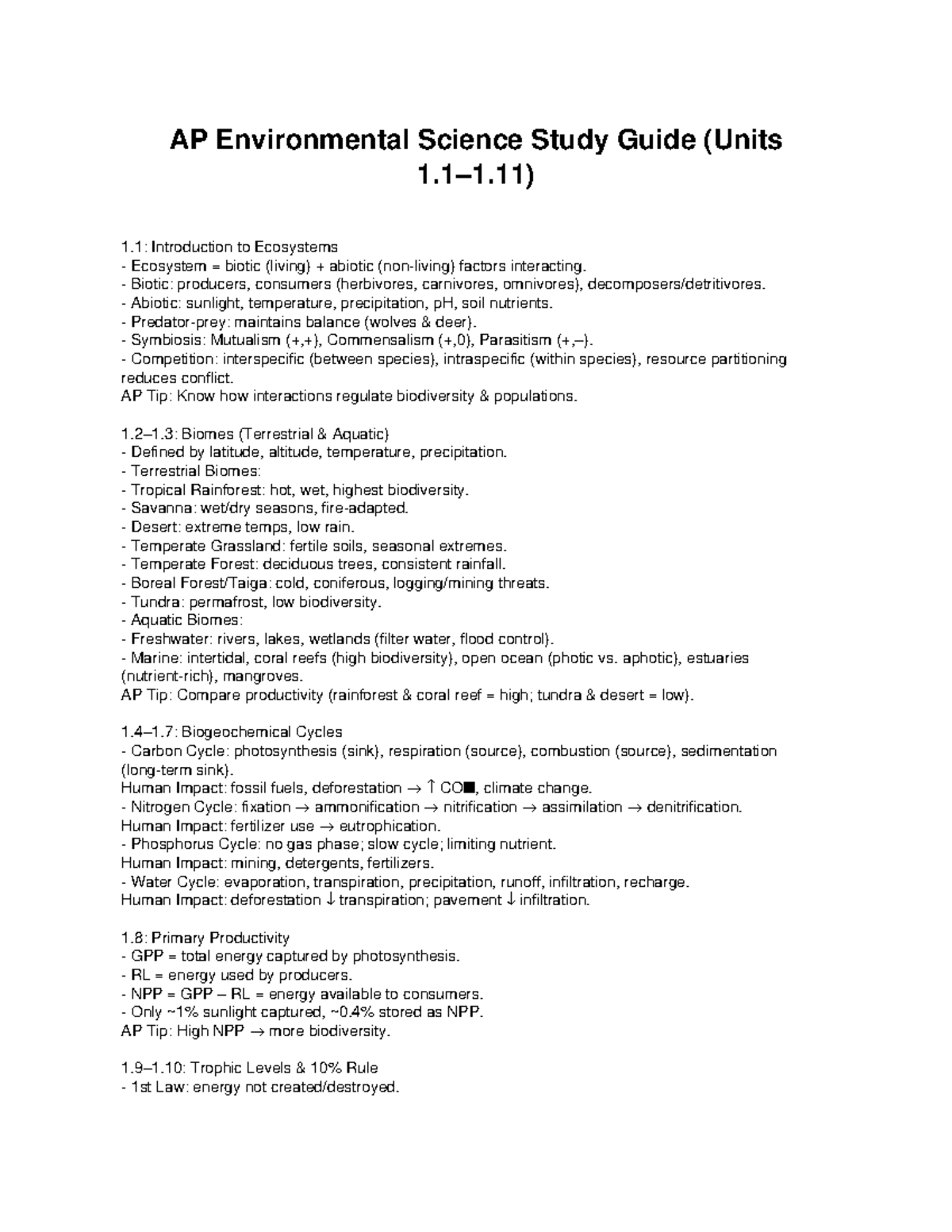 APES Study Guide: Ecosystems, Biomes, and Biogeochemical Cycles - Studocu
