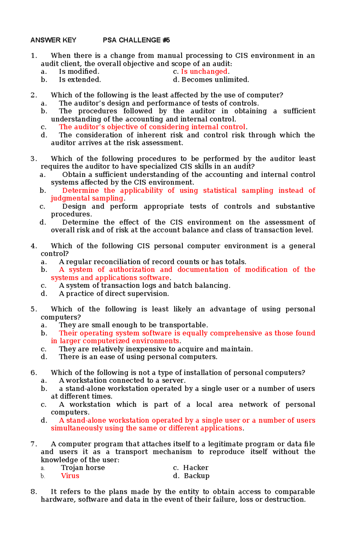 PSA 101519 Challenge #5 Answer Key and Explanations - Studocu