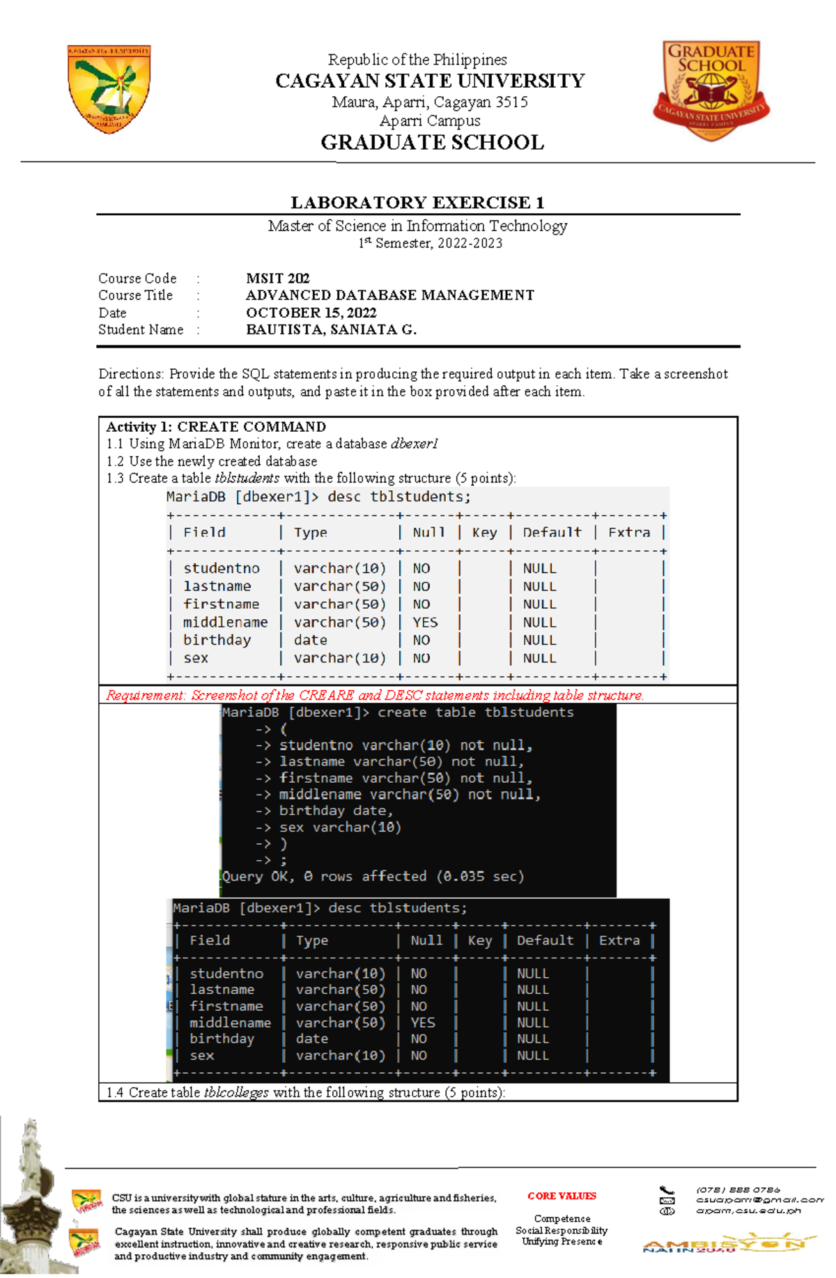 MSIT 202 Advanced Database Management Lab Exercise 1 - Studocu