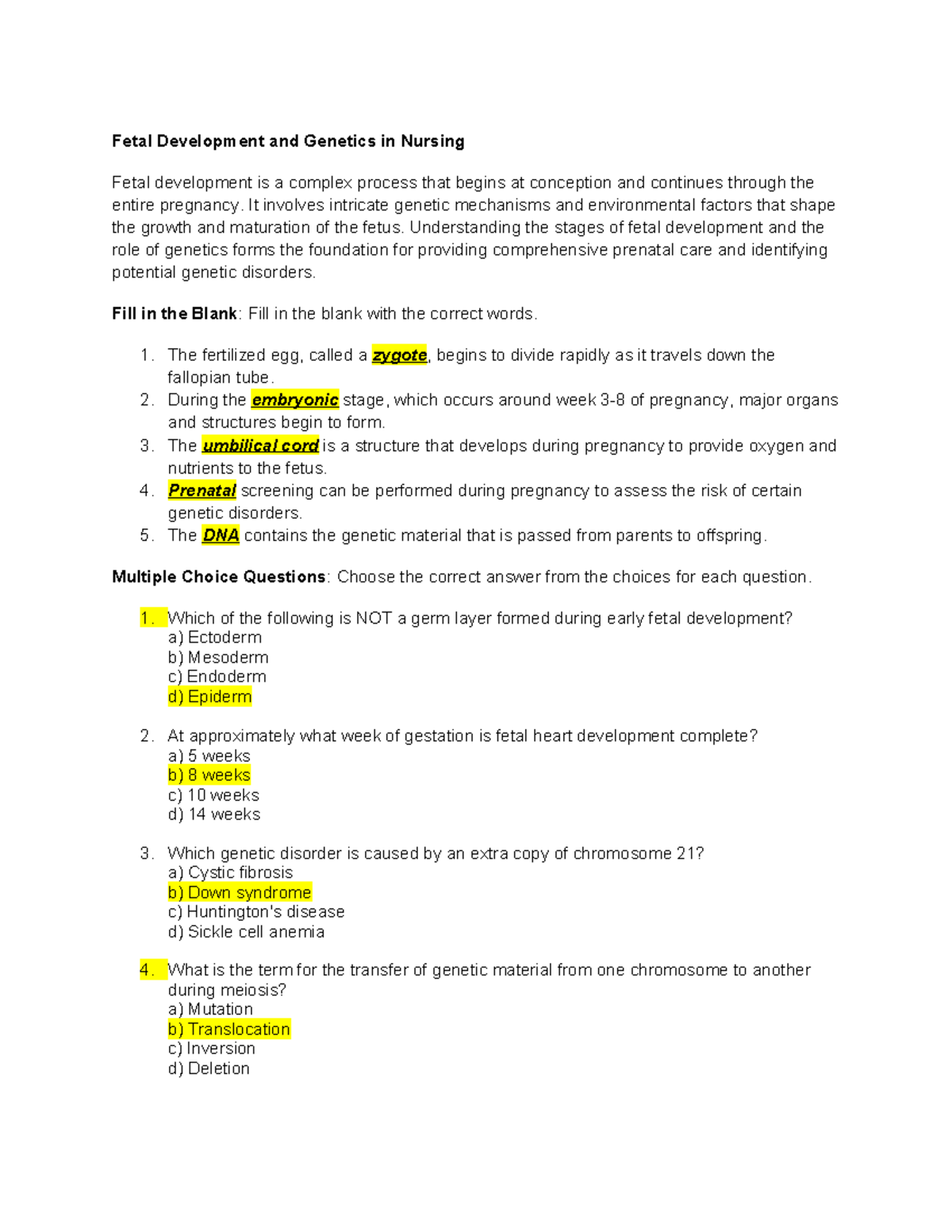 Fetal Development & Genetics WS: Key Concepts & Questions - Studocu