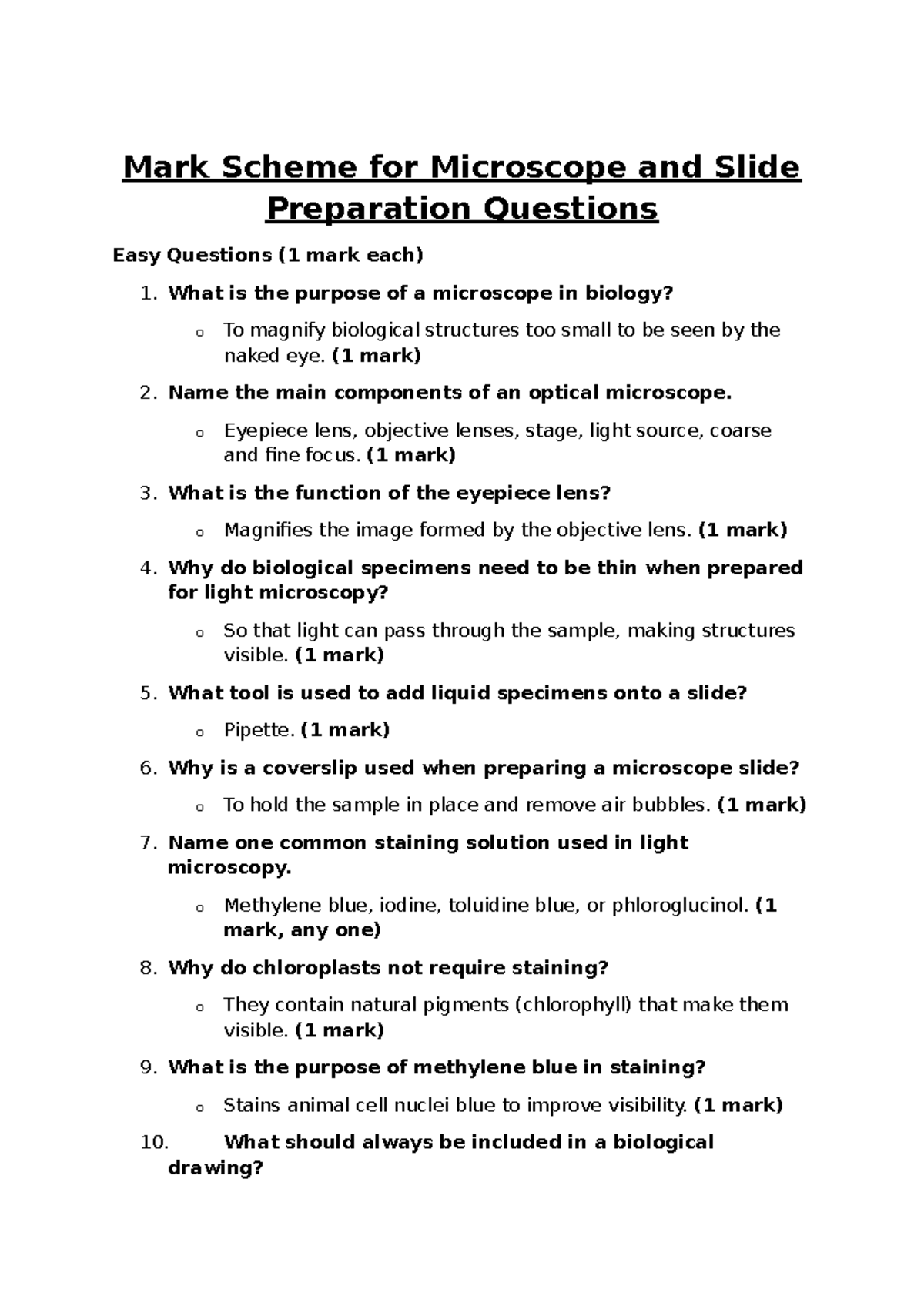 Mark Scheme for Microscope and Slide Prep Qs (Biology 101) - Studocu