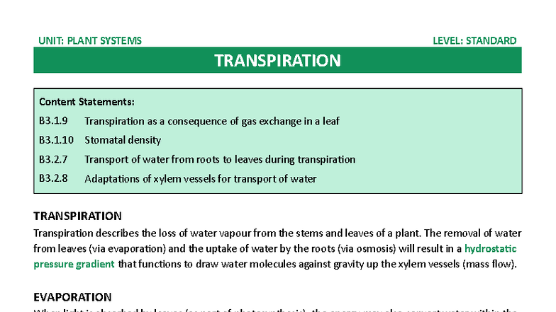 Transpiration and Water Transport in Plants - PLANT SYSTEMS STD - Studocu