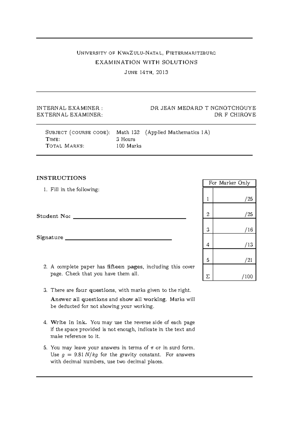 2013 MATH 132 Final Exam Solutions - Applied Mathematics 1A - Studocu