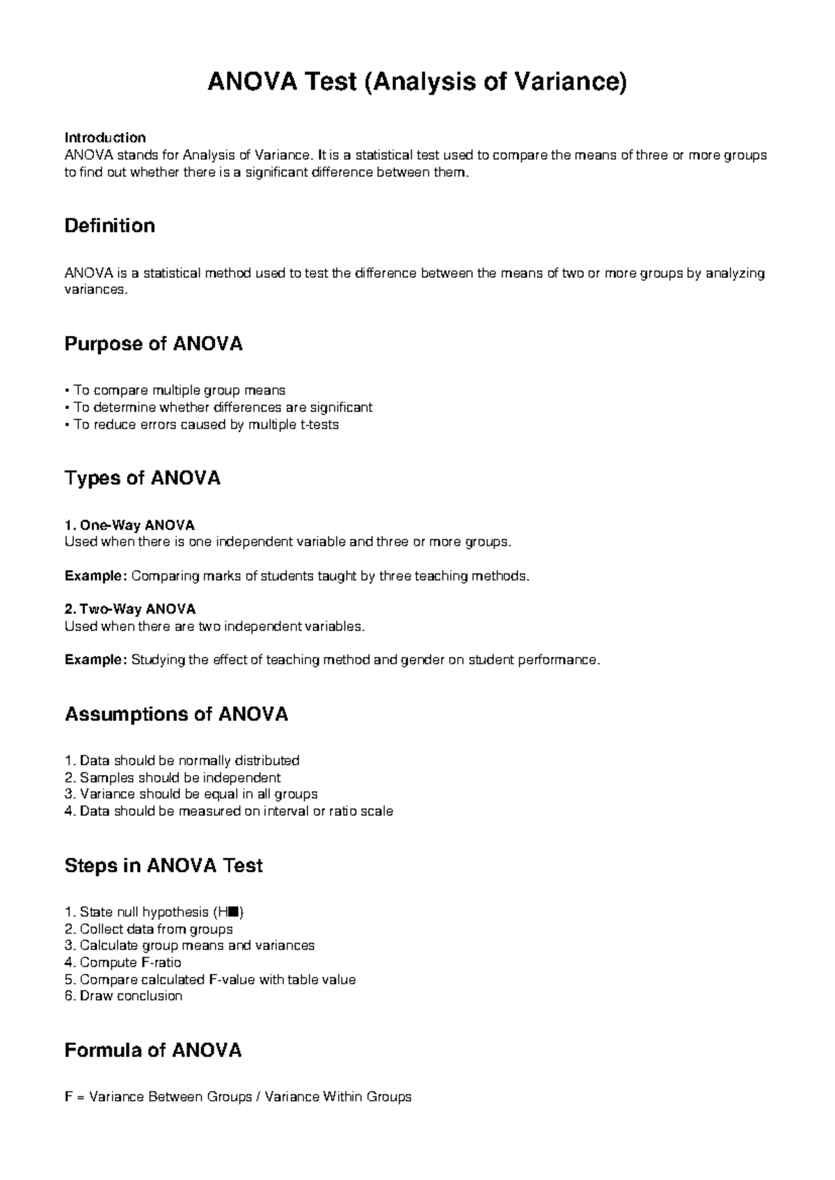 ANOVA Test (Analysis of Variance) Overview and Key Concepts - Studocu
