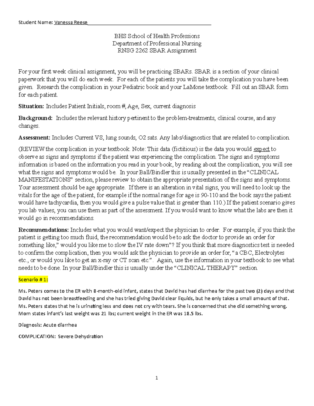 RNSG 2262 SBAR Assignment: Severe Dehydration in Pediatrics - Studocu