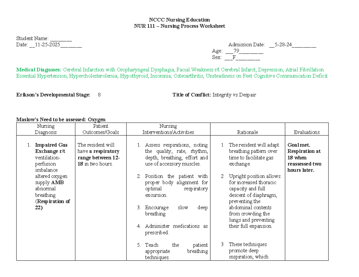NUR 39A - Nursing Process Worksheet for Cerebral Infarction Care - Studocu