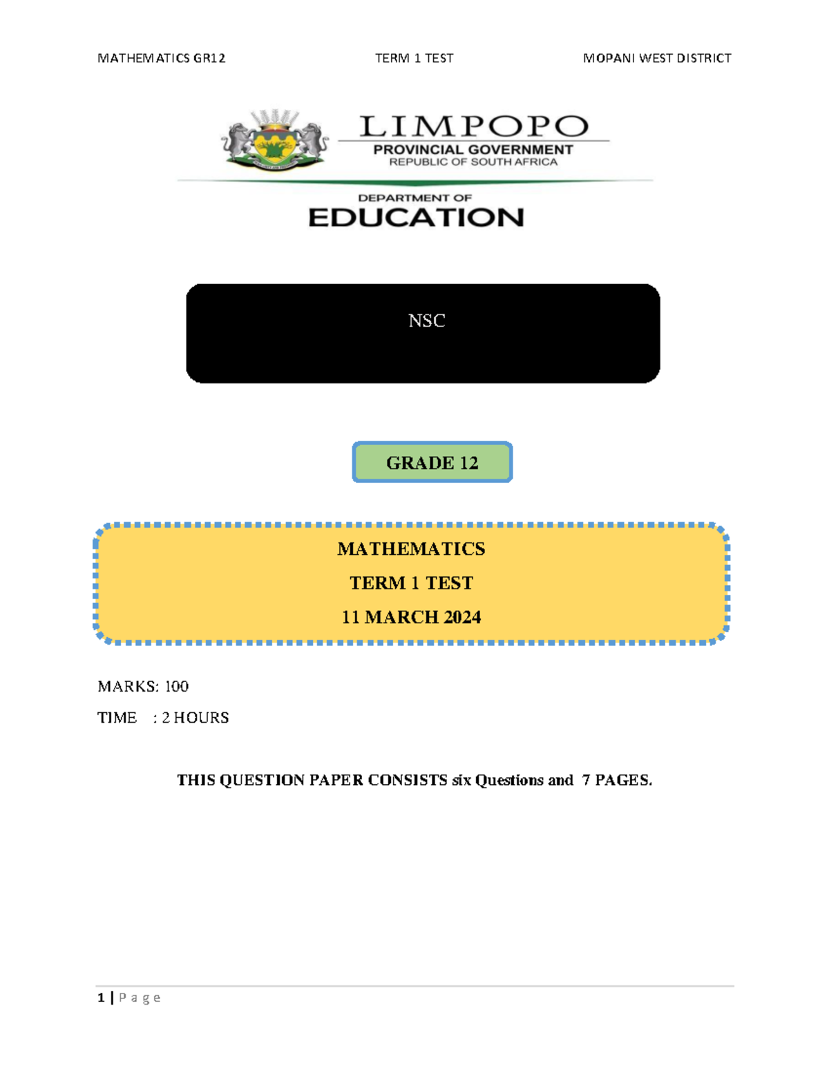 Grade 12 NSC Mathematics Term 1 Test - March 2024 (100 Marks) - Studocu