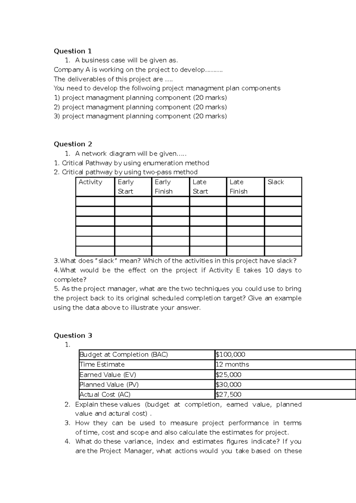 Mock Exam: Project Management Plan & Performance Analysis (PM 101 ...