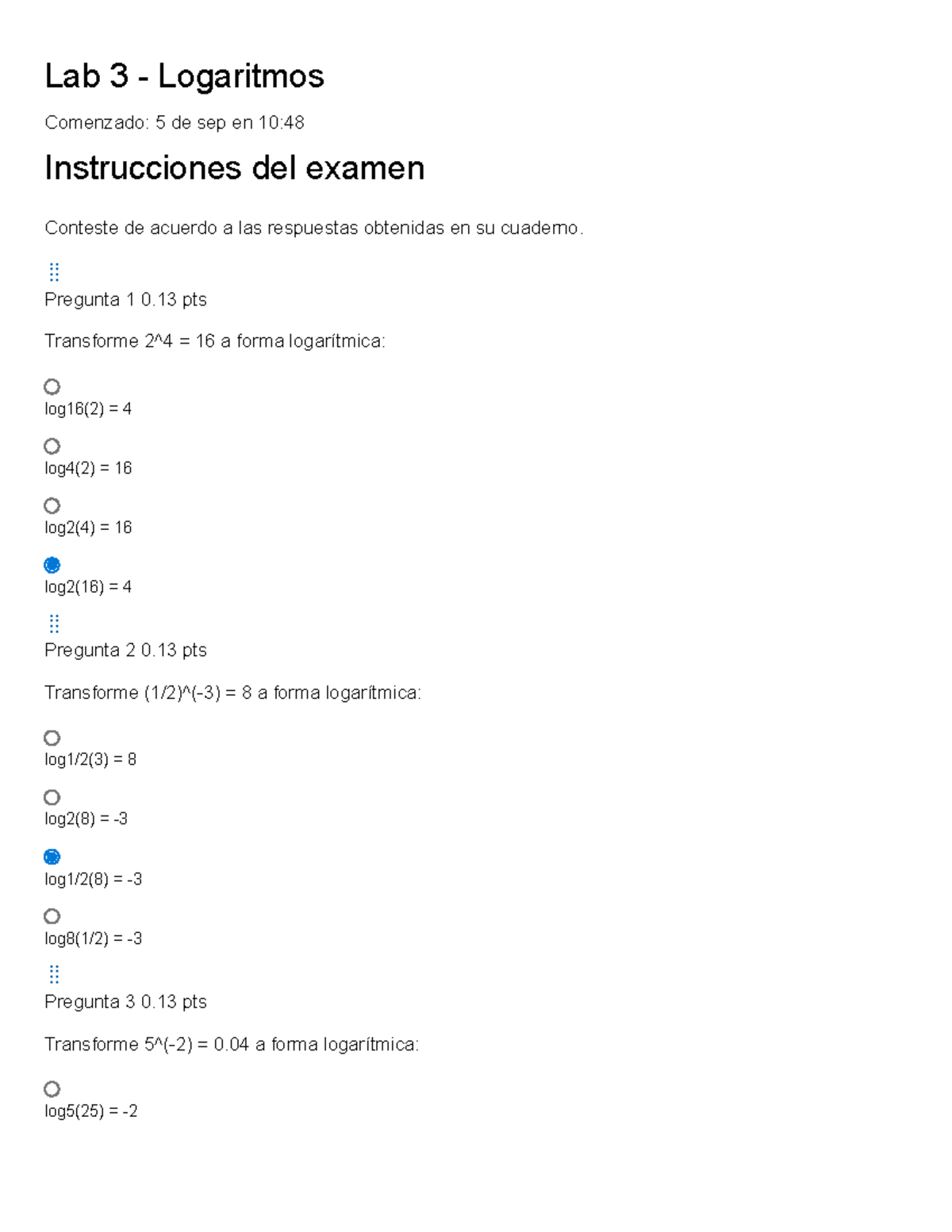 Examen Lab 3 - Logaritmos: Instrucciones y Preguntas - Studocu