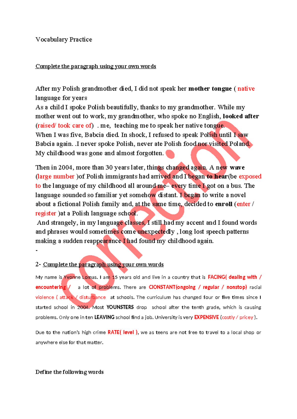 Correction - Vocabulary Practice Complete the paragraph using your own ...