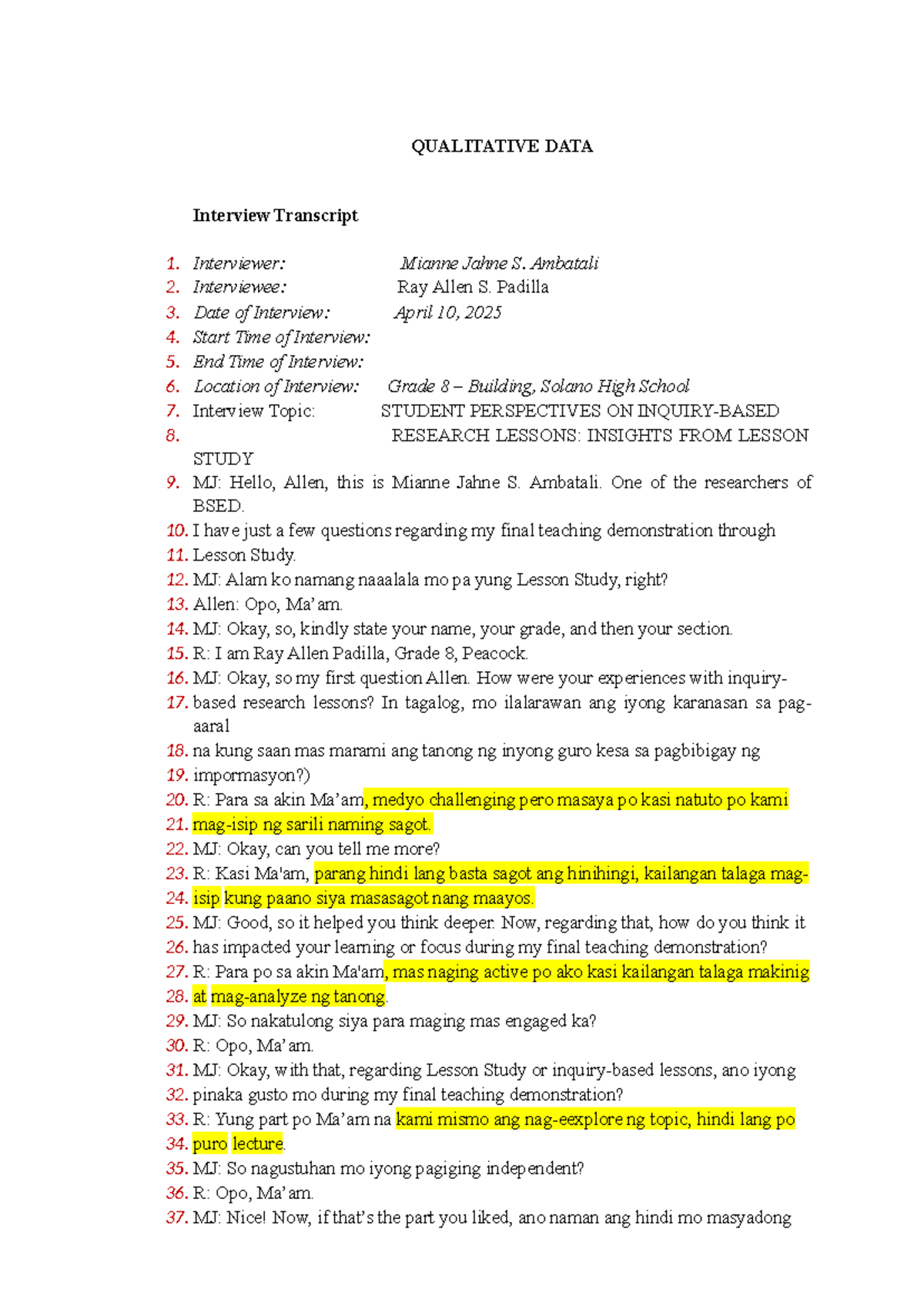 BSED 8: Insights from Student Interviews on Inquiry-Based Lessons - Studocu