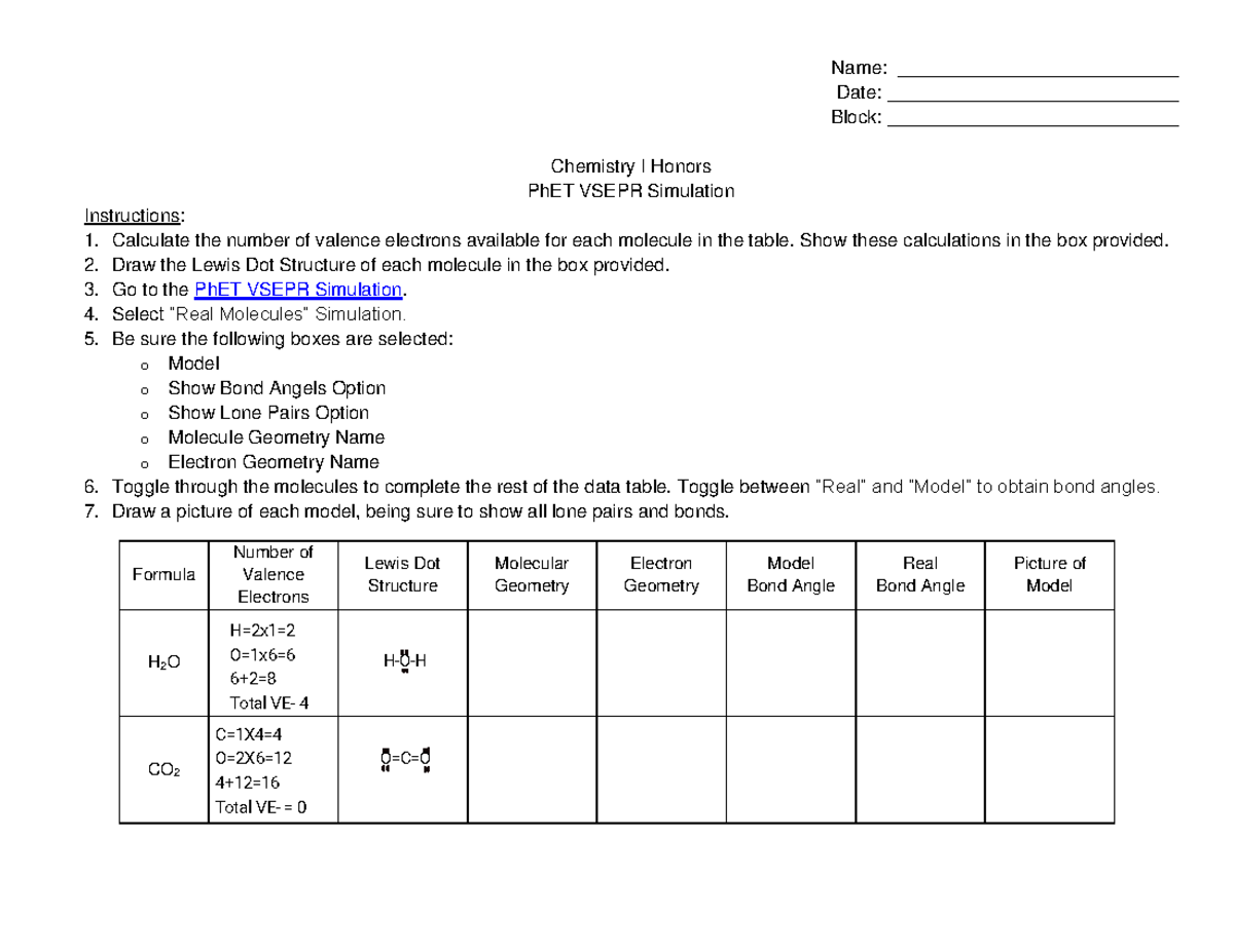 Chemistry I Honors: PhET VSEPR Simulation Instructions - Studocu